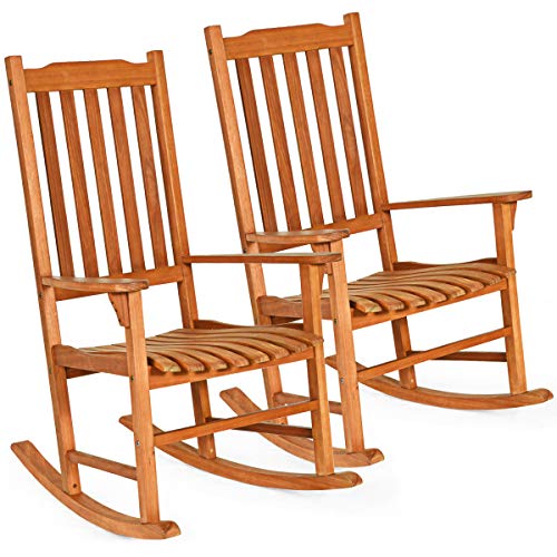 Giantex Set of 2 Porch Rocking Chair Outdoor and Indoor Use, Solid Eucalyptus Wood Rocker with Natural Finish, Front Porch Chairs for Patio Deck Garden, Wooden Rocking Adirondack Chair Set