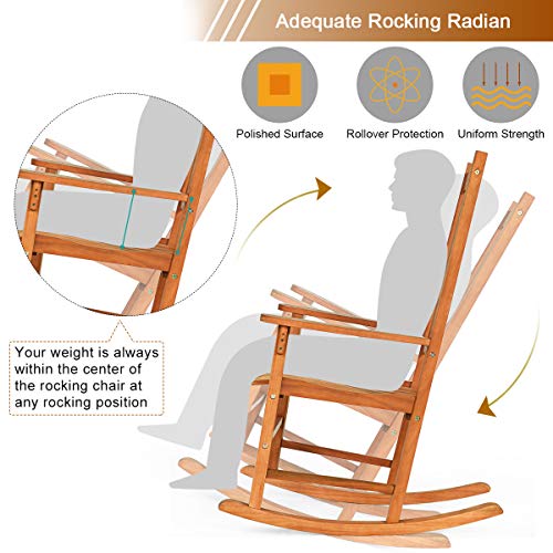 Giantex Set of 2 Porch Rocking Chair Outdoor and Indoor Use, Solid Eucalyptus Wood Rocker with Natural Finish, Front Porch Chairs for Patio Deck Garden, Wooden Rocking Adirondack Chair Set