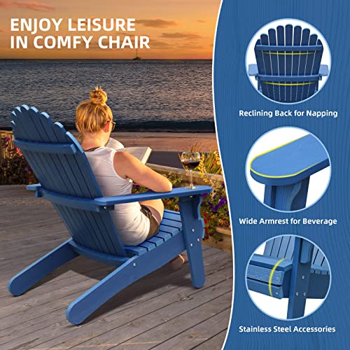 DWVO Deluxe Oversized Adirondack Chair Set of 2, Weather Resistant Poly Resin Fire Pits Chair, Wood Grain Polystyrene Outdoor Chairs for Patio Pool Deck Lawn and Garden, Navy Blue