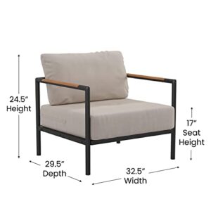 Flash Furniture Modern Patio Chair With Cushions - Contemporary Black Frame and Teak Accented Arms - Beige Cushions - Zippered Removable Covers