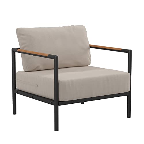 Flash Furniture Modern Patio Chair With Cushions - Contemporary Black Frame and Teak Accented Arms - Beige Cushions - Zippered Removable Covers