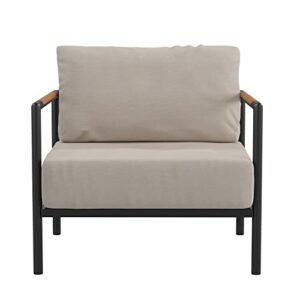 Flash Furniture Modern Patio Chair With Cushions - Contemporary Black Frame and Teak Accented Arms - Beige Cushions - Zippered Removable Covers