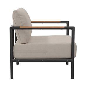 Flash Furniture Modern Patio Chair With Cushions - Contemporary Black Frame and Teak Accented Arms - Beige Cushions - Zippered Removable Covers