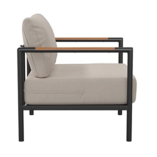 Flash Furniture Modern Patio Chair With Cushions - Contemporary Black Frame and Teak Accented Arms - Beige Cushions - Zippered Removable Covers