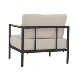 Flash Furniture Modern Patio Chair With Cushions - Contemporary Black Frame and Teak Accented Arms - Beige Cushions - Zippered Removable Covers