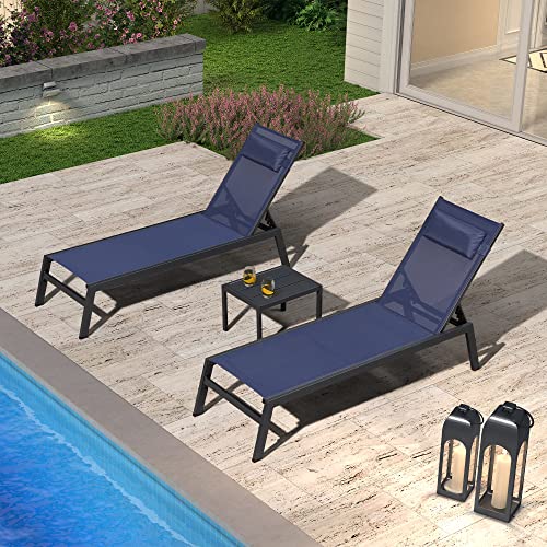 PURPLE LEAF Outdoor Lounge Chair Set Aluminum Patio Chaise Lounger with Side Table and Pillow for Outside Pool Beach Sunbathing Tanning Recliner Navy Blue