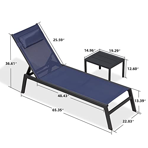 PURPLE LEAF Outdoor Lounge Chair Set Aluminum Patio Chaise Lounger with Side Table and Pillow for Outside Pool Beach Sunbathing Tanning Recliner Navy Blue