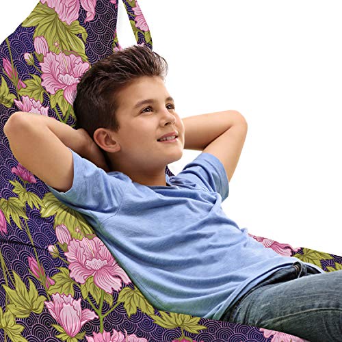 Lunarable East Lounger Chair Bag, Pattern with Pink Peony in Japanese Style on Scale Backdrop, High Capacity Storage with Handle Container, Lounger Size, Dark Purple Pale Green