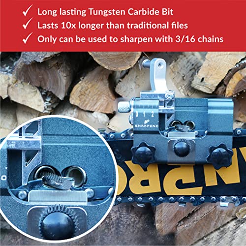 Sharpeno Chainsaw Sharpener Jig - Chainsaw Chain Blade Sharpener Tool With 3/16" Tungsten Carbide Bit, Storage Pouch, Gloves - Laser-Edged Tooth Slider, Adjustable Depth, 30-Degree Sharpening Angle