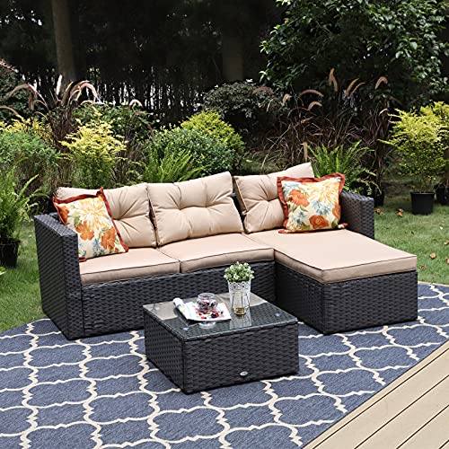 PHI VILLA Patio Sectional Wicker Rattan Small L-Shaped Outdoor Furniture Sofa Set Clearance with Upgrade Rattan (3 Piece,Beige)