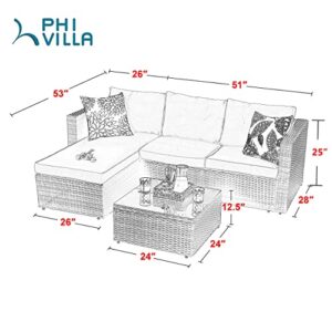 PHI VILLA Patio Sectional Wicker Rattan Small L-Shaped Outdoor Furniture Sofa Set Clearance with Upgrade Rattan (3 Piece,Beige)