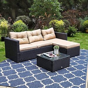 PHI VILLA Patio Sectional Wicker Rattan Small L-Shaped Outdoor Furniture Sofa Set Clearance with Upgrade Rattan (3 Piece,Beige)