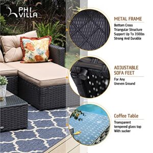 PHI VILLA Patio Sectional Wicker Rattan Small L-Shaped Outdoor Furniture Sofa Set Clearance with Upgrade Rattan (3 Piece,Beige)