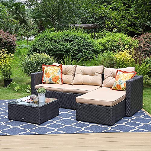 PHI VILLA Patio Sectional Wicker Rattan Small L-Shaped Outdoor Furniture Sofa Set Clearance with Upgrade Rattan (3 Piece,Beige)