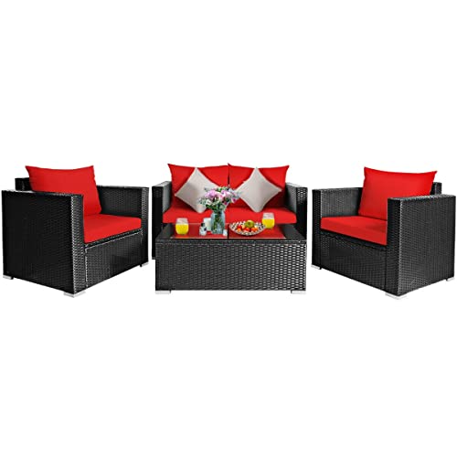 LUKEO 4PCS Patio Rattan Furniture Set Cushioned Sofa Chair Coffee Table Garden Red Single Sofa