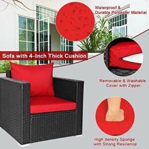 LUKEO 4PCS Patio Rattan Furniture Set Cushioned Sofa Chair Coffee Table Garden Red Single Sofa