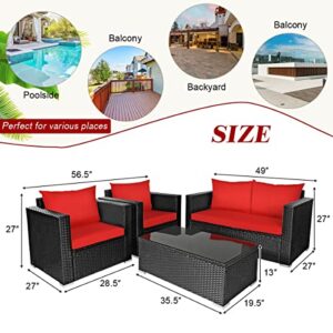 LUKEO 4PCS Patio Rattan Furniture Set Cushioned Sofa Chair Coffee Table Garden Red Single Sofa