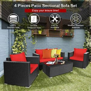 LUKEO 4PCS Patio Rattan Furniture Set Cushioned Sofa Chair Coffee Table Garden Red Single Sofa