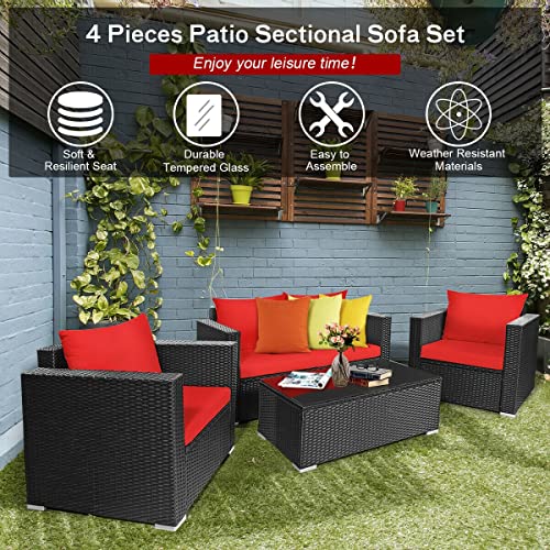 LUKEO 4PCS Patio Rattan Furniture Set Cushioned Sofa Chair Coffee Table Garden Red Single Sofa