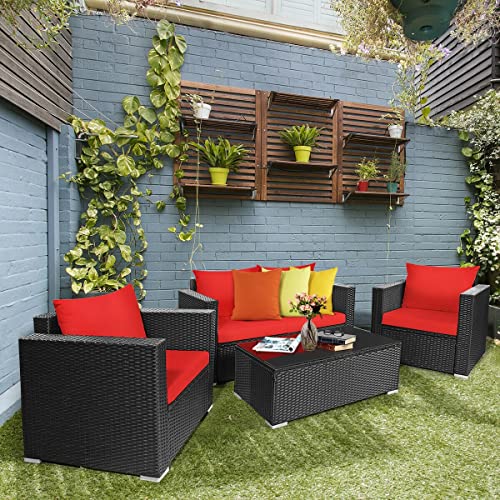 LUKEO 4PCS Patio Rattan Furniture Set Cushioned Sofa Chair Coffee Table Garden Red Single Sofa