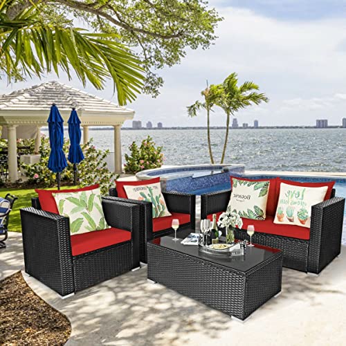 LUKEO 4PCS Patio Rattan Furniture Set Cushioned Sofa Chair Coffee Table Garden Red Single Sofa