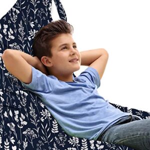 lunarable leaves lounger chair bag, monochrome flower silhouette pattern on dark background hand drawn meadow, high capacity storage with handle container, lounger size, dark blue and white