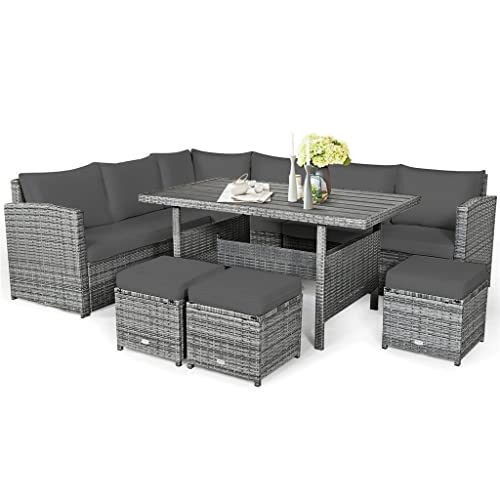 LUKEO 7 PCS Patio Rattan Dining Set Sectional Sofa Couch Ottoman Garden Gray for Yard, Patio, Poolside, Porch, Etc