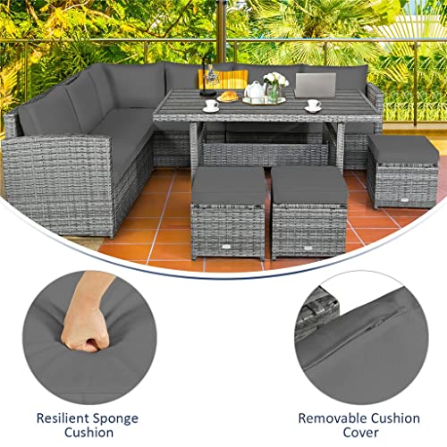 LUKEO 7 PCS Patio Rattan Dining Set Sectional Sofa Couch Ottoman Garden Gray for Yard, Patio, Poolside, Porch, Etc