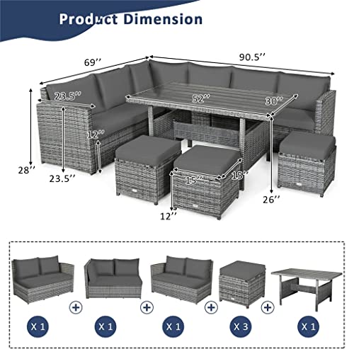 LUKEO 7 PCS Patio Rattan Dining Set Sectional Sofa Couch Ottoman Garden Gray for Yard, Patio, Poolside, Porch, Etc