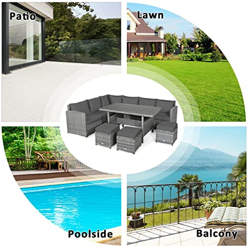 LUKEO 7 PCS Patio Rattan Dining Set Sectional Sofa Couch Ottoman Garden Gray for Yard, Patio, Poolside, Porch, Etc