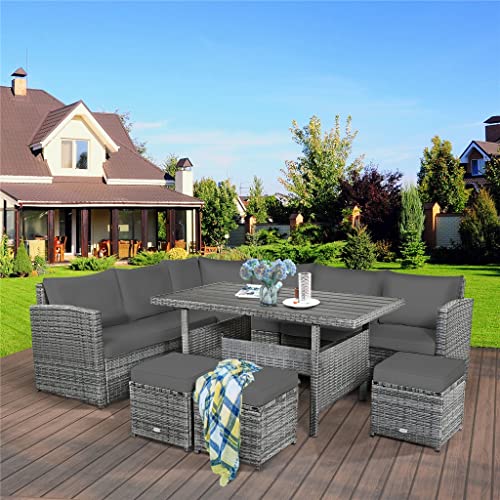 LUKEO 7 PCS Patio Rattan Dining Set Sectional Sofa Couch Ottoman Garden Gray for Yard, Patio, Poolside, Porch, Etc