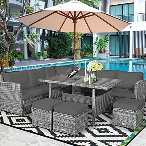 LUKEO 7 PCS Patio Rattan Dining Set Sectional Sofa Couch Ottoman Garden Gray for Yard, Patio, Poolside, Porch, Etc