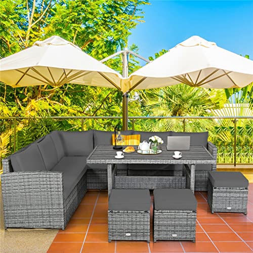 LUKEO 7 PCS Patio Rattan Dining Set Sectional Sofa Couch Ottoman Garden Gray for Yard, Patio, Poolside, Porch, Etc