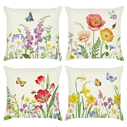 Bonhause Spring Floral Throw Pillow Covers 18x18 Set of 4 Garden Flower Butterfly Decorative Pillows Case Polyester Linen Cushion Covers for Couch Sofa Garden Patio Decor