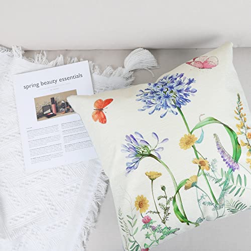 Bonhause Spring Floral Throw Pillow Covers 18x18 Set of 4 Garden Flower Butterfly Decorative Pillows Case Polyester Linen Cushion Covers for Couch Sofa Garden Patio Decor