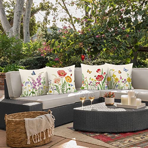 Bonhause Spring Floral Throw Pillow Covers 18x18 Set of 4 Garden Flower Butterfly Decorative Pillows Case Polyester Linen Cushion Covers for Couch Sofa Garden Patio Decor