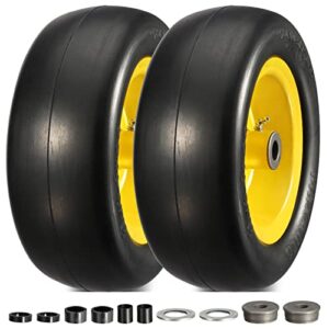 maxauto 11×4.00-5″ flat free zero turn mowers tire on wheel, 3/4″ or 1/2″ bushings, 3.4″ centered hub – hub length 3.4″-5″, universal fit smooth tread tire for zero turn lawn mowers, set of 2