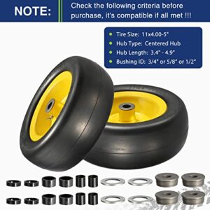 MaxAuto 11x4.00-5" Flat Free Zero Turn Mowers Tire on Wheel, 3/4" or 1/2" Bushings, 3.4" Centered Hub - Hub Length 3.4"-5", Universal Fit Smooth Tread Tire for Zero Turn Lawn Mowers, Set of 2