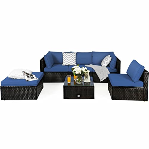 LUKEO 6PCS Outdoor Patio Rattan Furniture Set Cushioned Sectional Sofa Navy for Your Garden, Balcony and Poolside