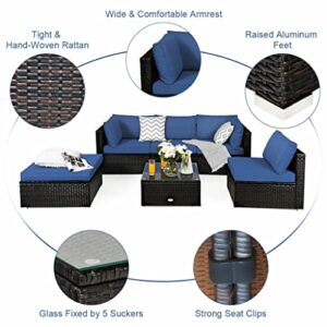 LUKEO 6PCS Outdoor Patio Rattan Furniture Set Cushioned Sectional Sofa Navy for Your Garden, Balcony and Poolside