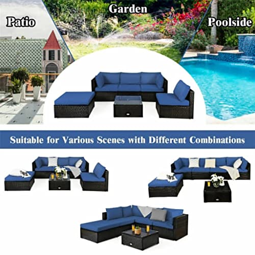 LUKEO 6PCS Outdoor Patio Rattan Furniture Set Cushioned Sectional Sofa Navy for Your Garden, Balcony and Poolside