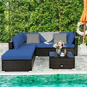 LUKEO 6PCS Outdoor Patio Rattan Furniture Set Cushioned Sectional Sofa Navy for Your Garden, Balcony and Poolside