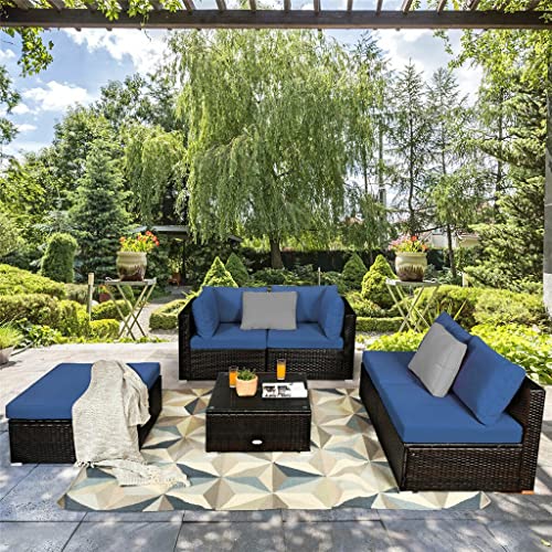 LUKEO 6PCS Outdoor Patio Rattan Furniture Set Cushioned Sectional Sofa Navy for Your Garden, Balcony and Poolside