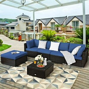 LUKEO 6PCS Outdoor Patio Rattan Furniture Set Cushioned Sectional Sofa Navy for Your Garden, Balcony and Poolside