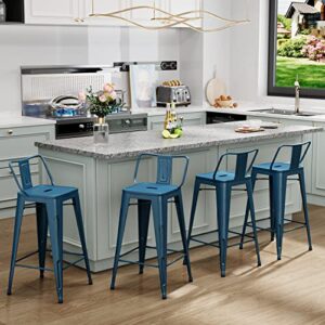 Aklaus Metal Bar Stools Set of 4 Barstools Counter Height Bar Stools with Back Industrial Bar Stools Indoor Outdoor Kitchen Dining Chairs Modern Bar Chairs Distressed Navy Blue 24inch Stools