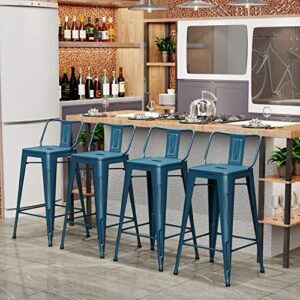 Aklaus Metal Bar Stools Set of 4 Barstools Counter Height Bar Stools with Back Industrial Bar Stools Indoor Outdoor Kitchen Dining Chairs Modern Bar Chairs Distressed Navy Blue 24inch Stools