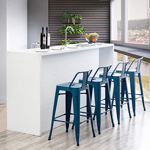 Aklaus Metal Bar Stools Set of 4 Barstools Counter Height Bar Stools with Back Industrial Bar Stools Indoor Outdoor Kitchen Dining Chairs Modern Bar Chairs Distressed Navy Blue 24inch Stools