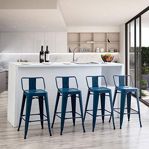 Aklaus Metal Bar Stools Set of 4 Barstools Counter Height Bar Stools with Back Industrial Bar Stools Indoor Outdoor Kitchen Dining Chairs Modern Bar Chairs Distressed Navy Blue 24inch Stools