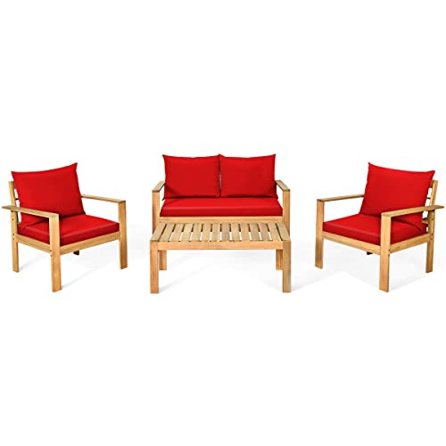 LUKEO 4PCS Patio Furniture Set Acacia Wood Thick Cushion Loveseat Sofa Red Spend Time with Your Family On The 4-8 Persons Set