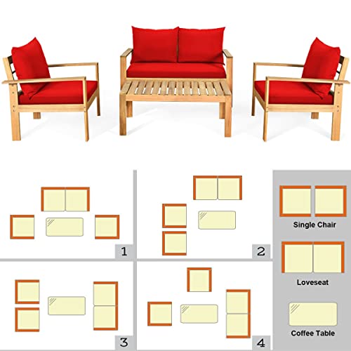 LUKEO 4PCS Patio Furniture Set Acacia Wood Thick Cushion Loveseat Sofa Red Spend Time with Your Family On The 4-8 Persons Set